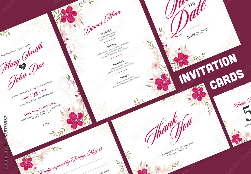 Wedding Invitation Layout Set with Watercolor Flowers Stock Template ...