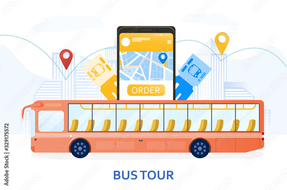 Sightseeing bus tour travel concept poster on white background, with ...