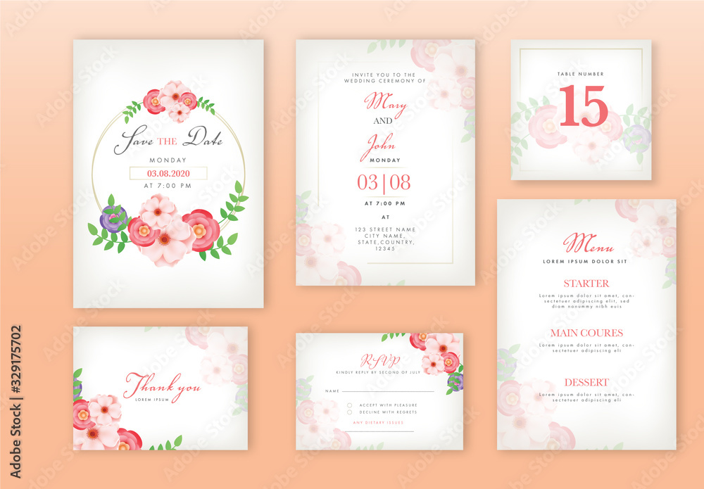 Wedding Invitation Layout Set with Paper Flowers Stock Template | Adobe ...