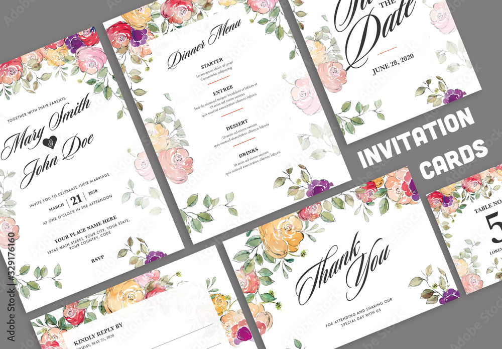 Wedding Invitation Layout Set with Colorful Watercolor Flowers Stock ...