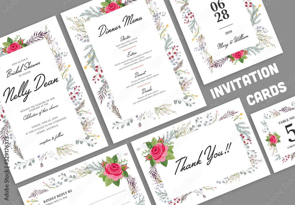 Wedding Invitation Layout Set with Colorful Flowers Stock Template ...
