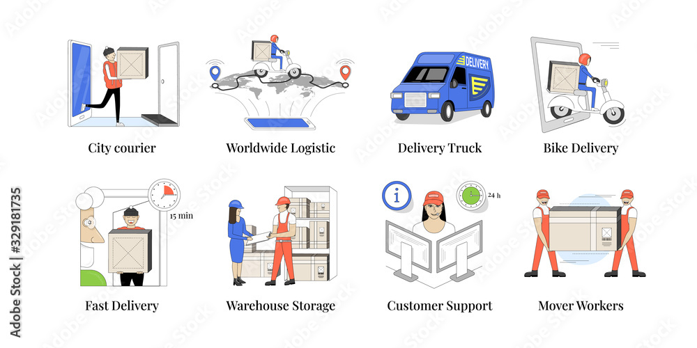 Delivery company illustration set. Light outline drawing style ...