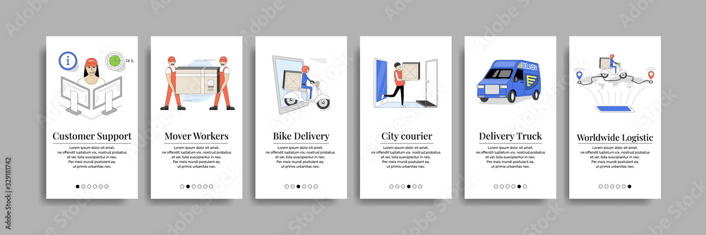 Delivery company illustration set. Mobile onboarding screen template ...