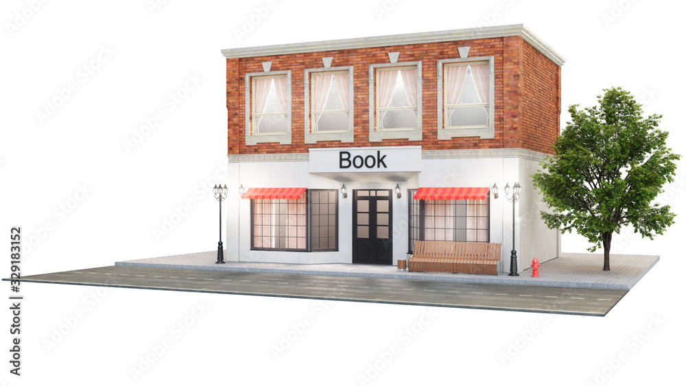 Bookstore or library. Exterior of a building near the road on a white ...