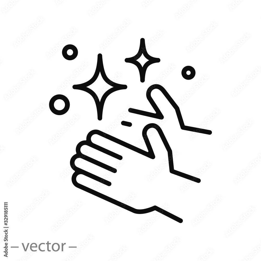 clean shiny hands icon, care and hygiene for hand, sanitizer, thin line ...