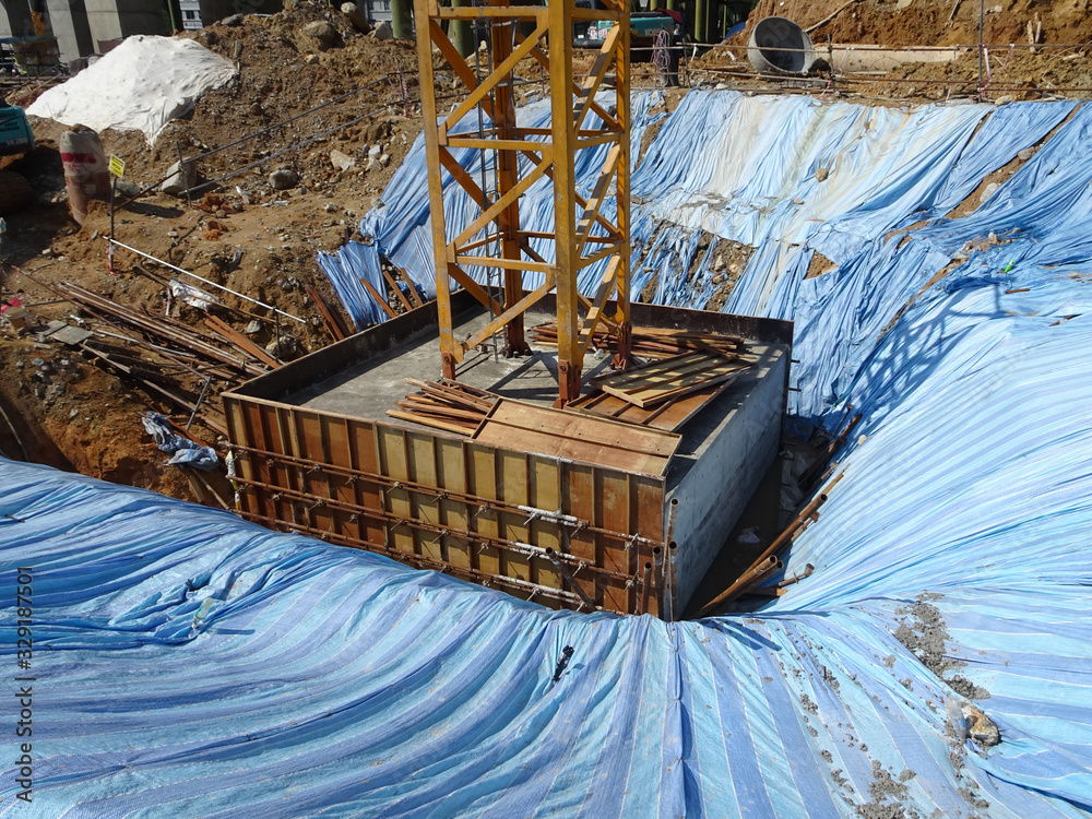 Pile cap and column stump under construction at the construction site ...