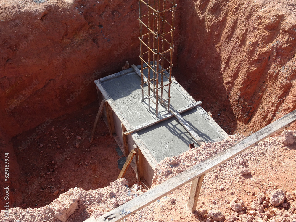 Pile cap and column stump under construction at the construction site ...