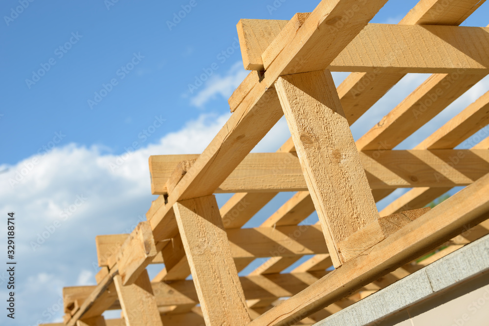 Wood board assembled on construction site. New frame structure of ...