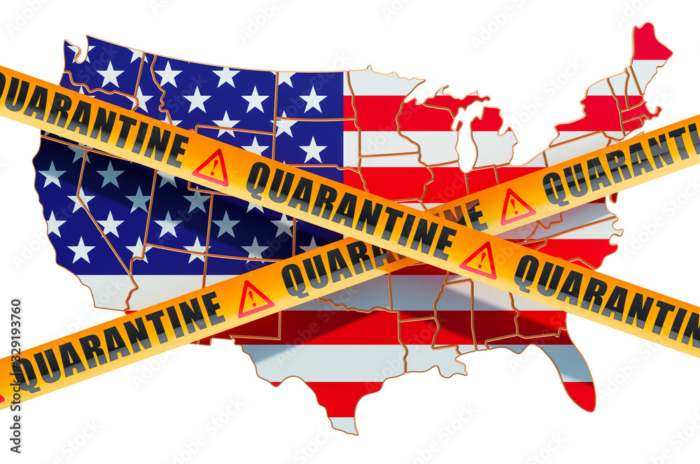 Quarantine in the USA concept. The United States map with caution ...