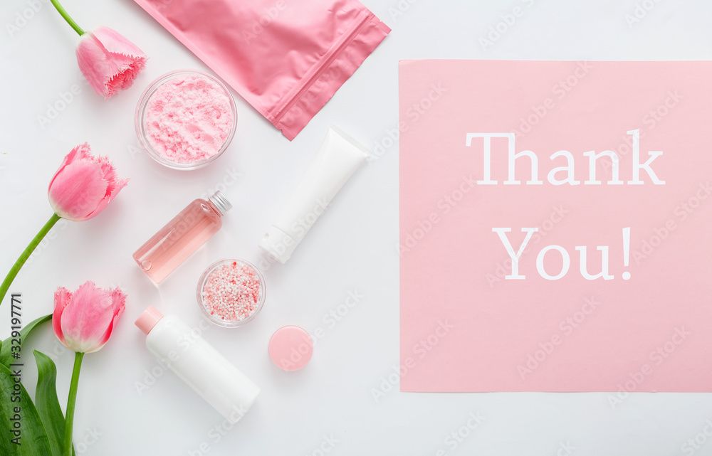 Thank you card on composition of natural organic cosmetic products with ...