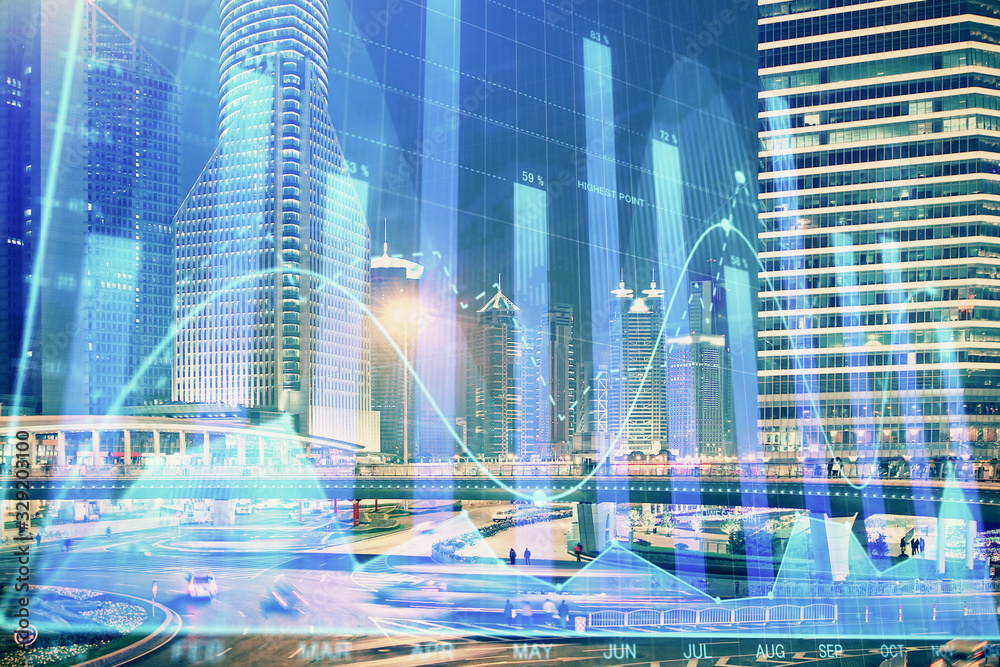 Financial chart on city scape with tall buildings background multi ...