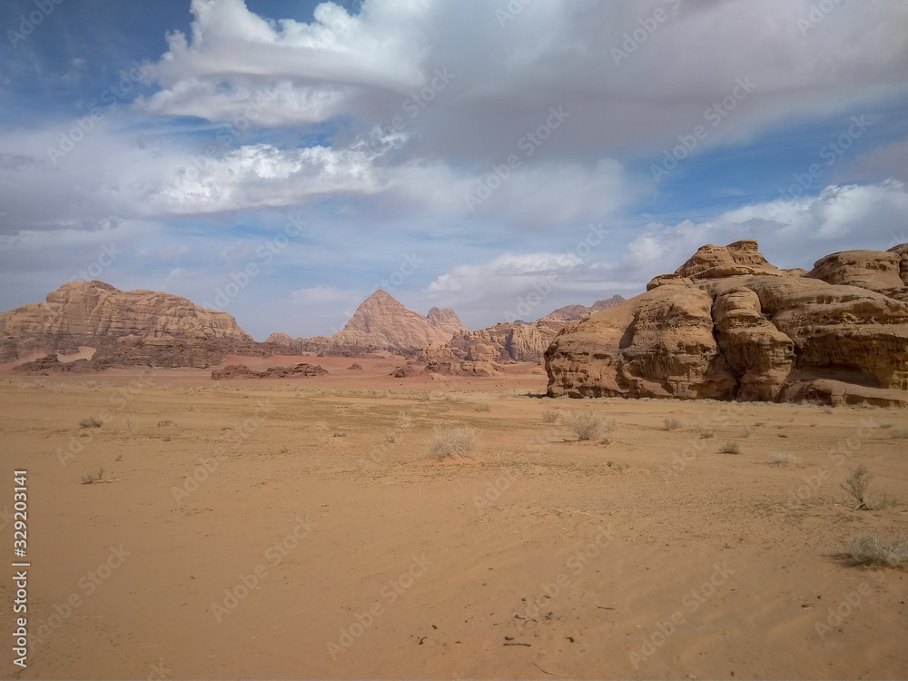 rock formations and desert landscape of Wadi Rum desert in southern ...