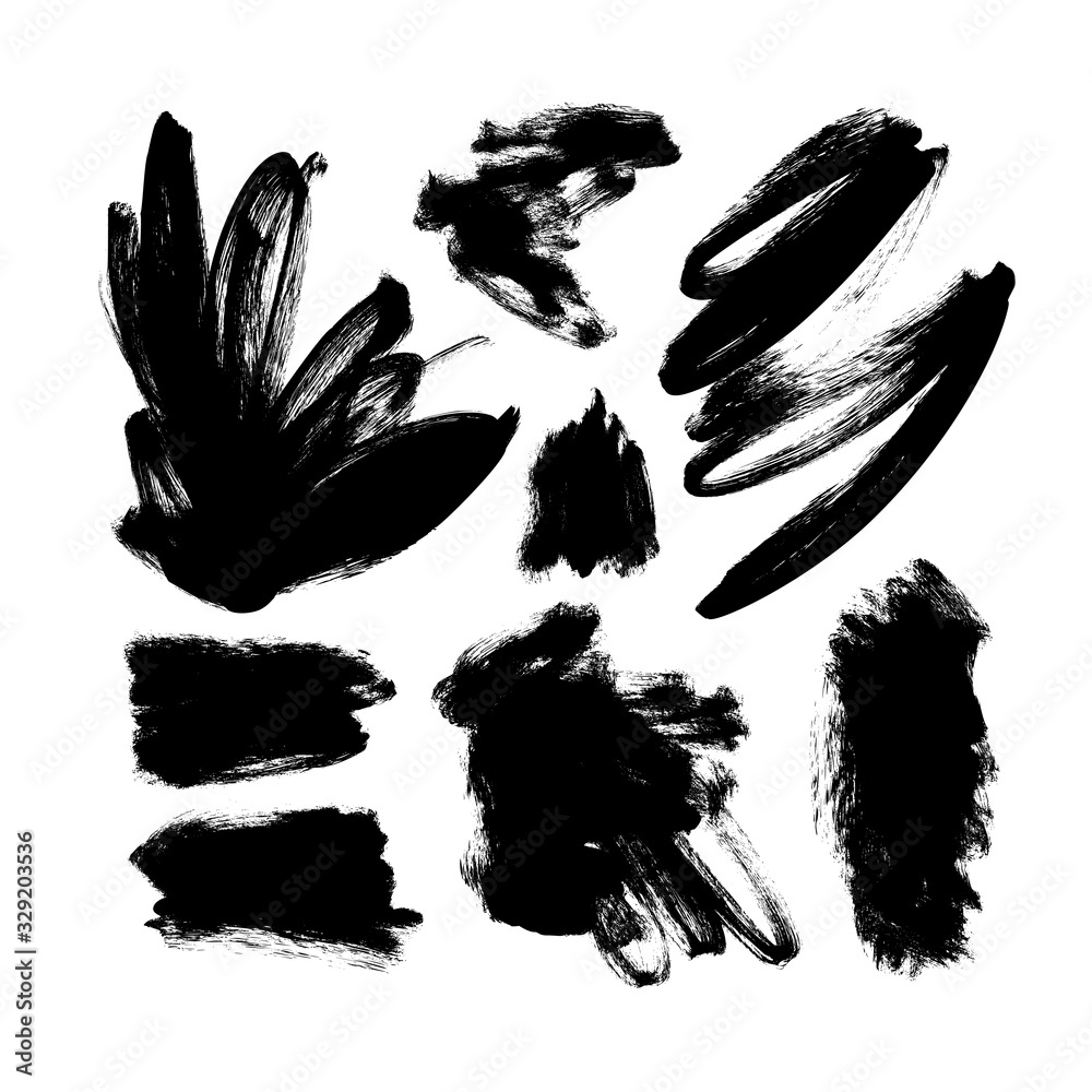 Black paint smudges vector illustrations set. Dark ink stains, freehand ...