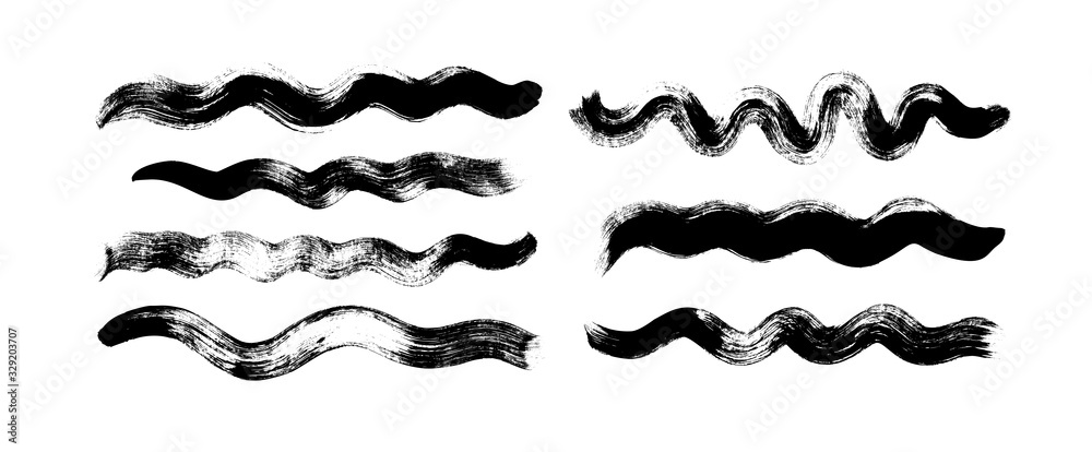 Black ink wavy lines vector illustrations set. Abstract shapes with dry ...