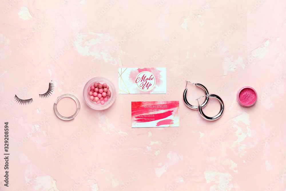 Decorative cosmetics and accessories with business cards of makeup ...