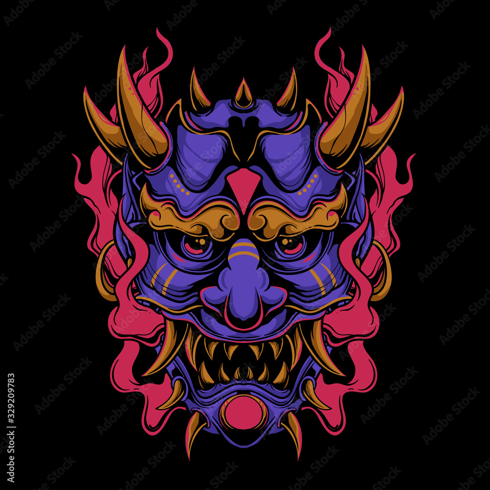 Purple oni mask with red flame vector illustration. Hanya mask design ...