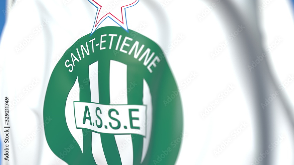 Flying flag with AS Saint Etienne football club logo, close-up ...
