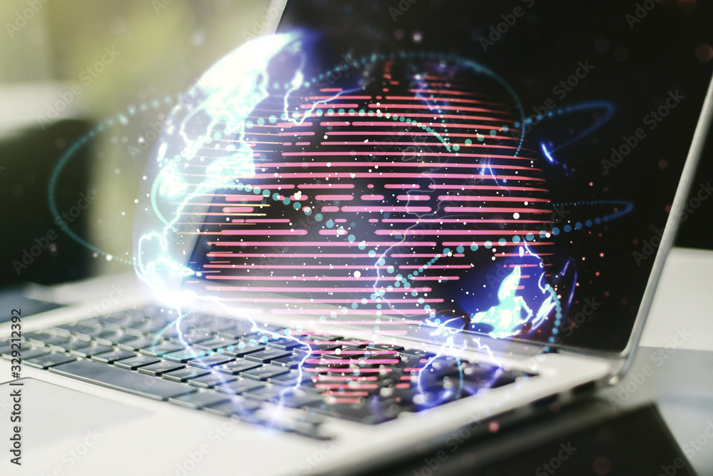 Double exposure of abstract digital world map with connections on ...