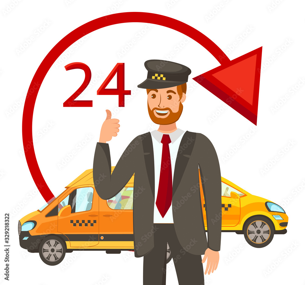 24 Hours Cab Booking Flat Vector Illustration. Happy Chauffeur in ...