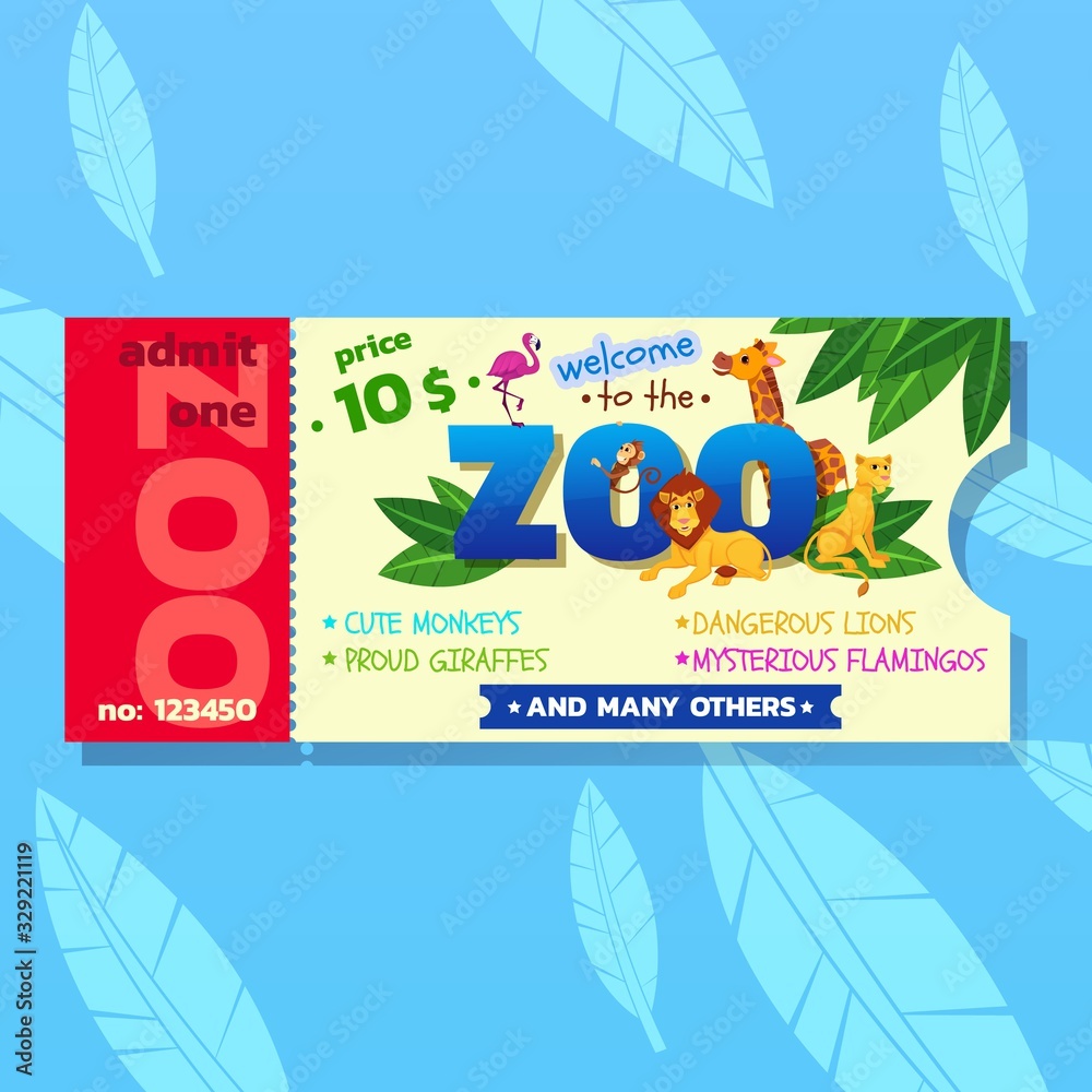 Colorful Zoo Ticket with Tropical Plants Exotic Birds, African and ...