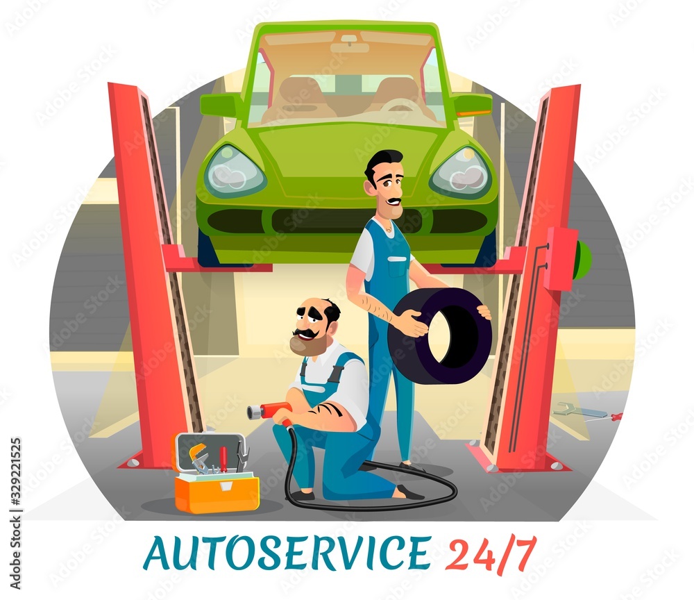 Autoservice Working Twenty-Four-Hour Ad Poster. Flat Banner Advertising ...