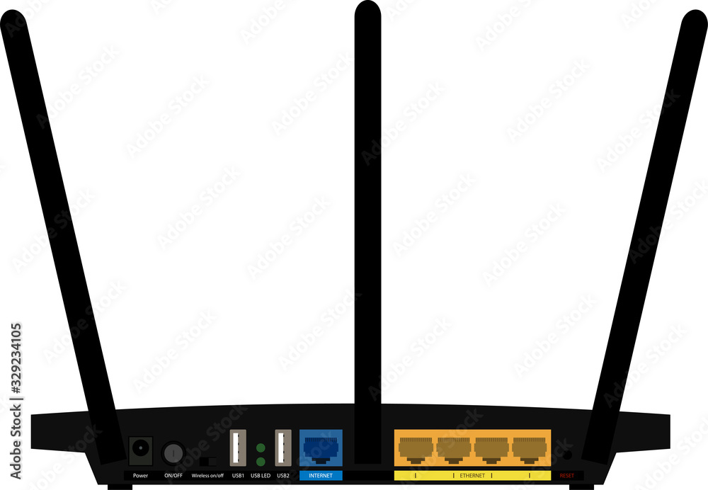 Wi-Fi router back panel with connectors, ports and signs, flat style on ...