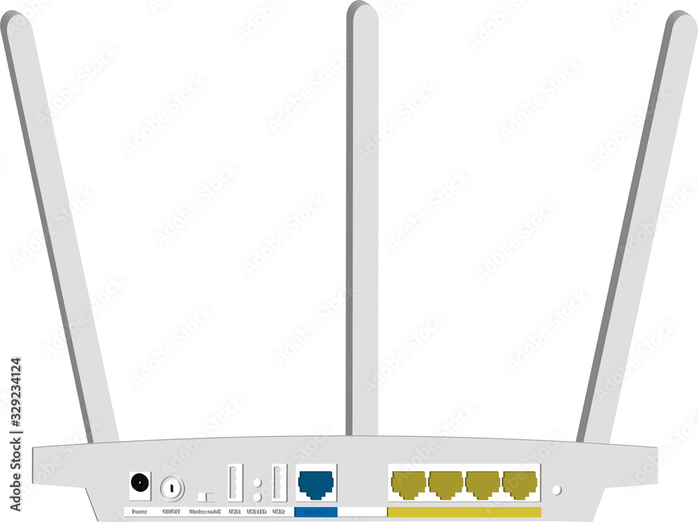 Wi-Fi router back panel with ports and signs, flat style on a ...