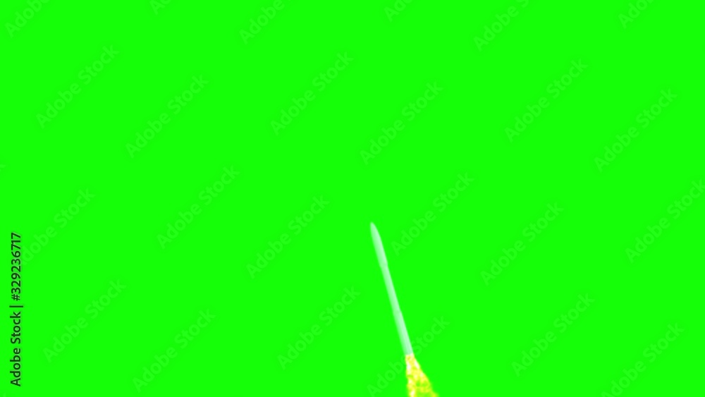 Space rocket flying with flames and exhaust smoke. 3D green screen ...