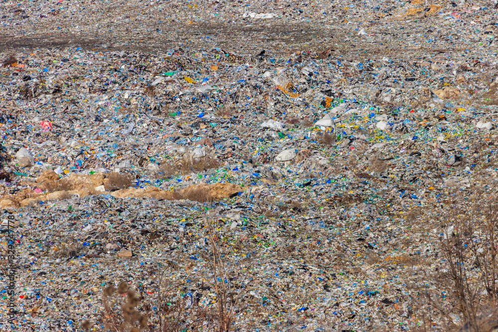 Aerial view of city garbage dump. Pile of plastic trash, food waste on ...