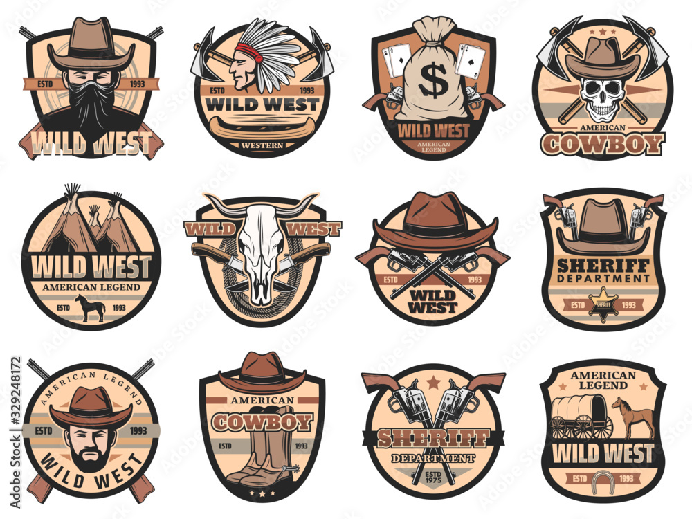 Wild West vintage vector icons set. Cowboy, sheriff and skull, American ...