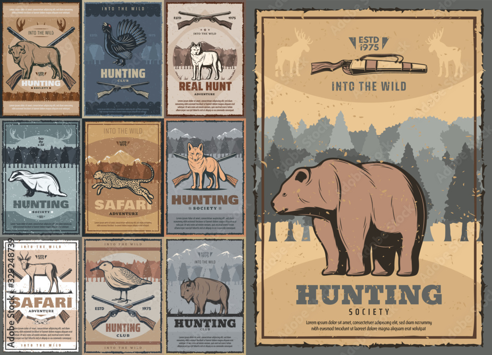 Hunting sport posters with wild animals, vector hunt society club ...