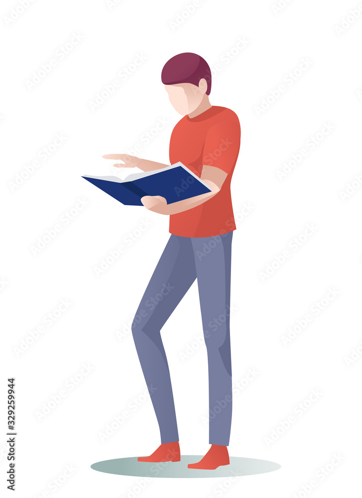 Faceless Caucasian Man Reader Cartoon Character Stand, Scroll Pages ...