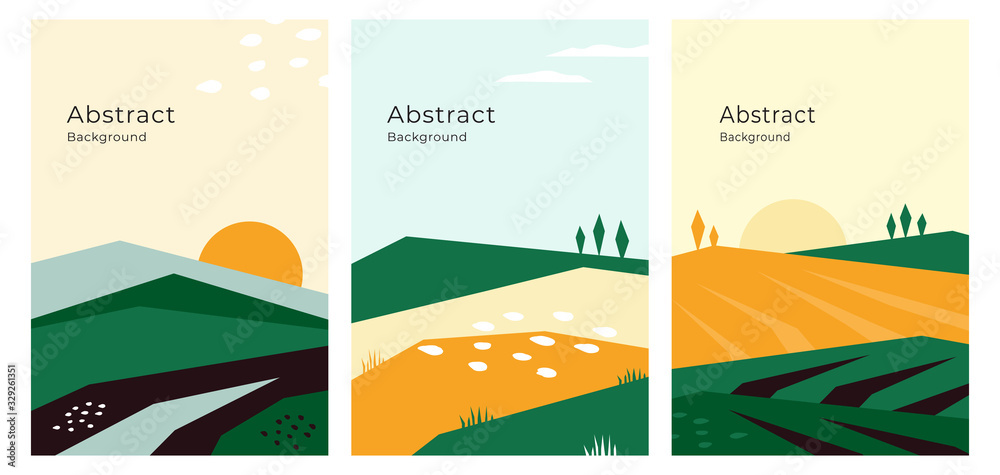 Vector illustrations with farm land, nature, agricultural landscape ...