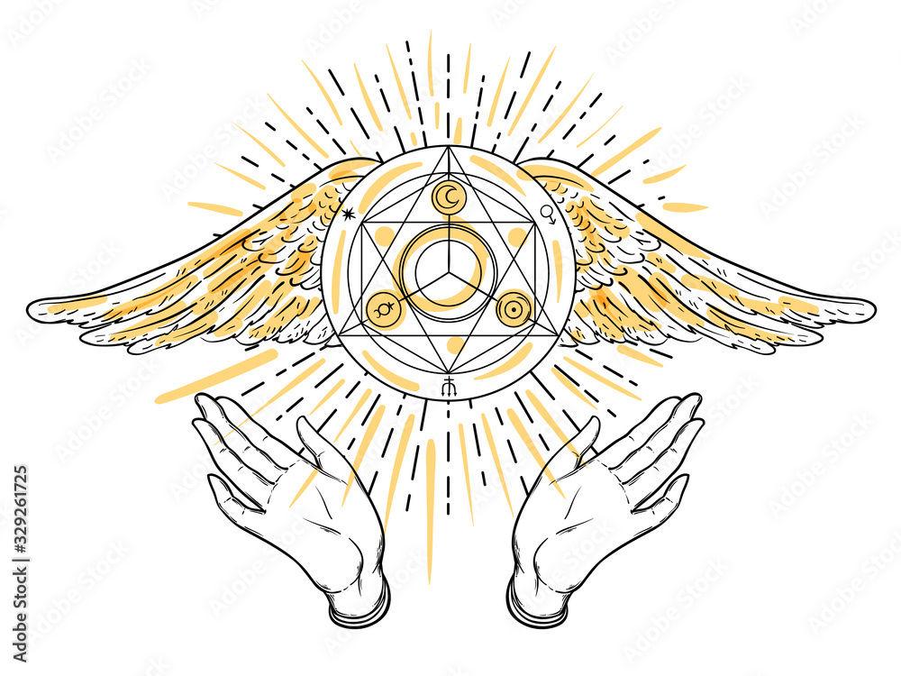 Open hands. Hand drawn illustration. Occult design with angels wings ...