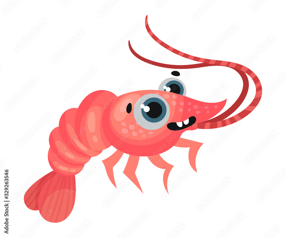 Cute Shrimp Cartoon Character with Big Eyes Vector Illustration Stock Vector | Adobe Stock