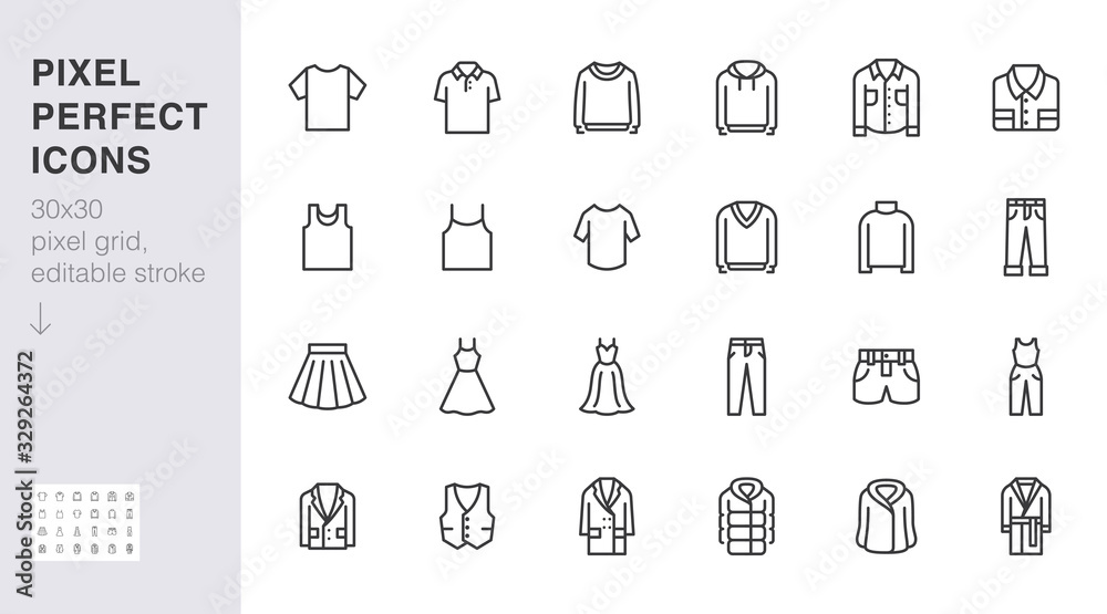 Clothing line icon set. Dress, polo t-shirt, jeans, winter coat, jacket ...
