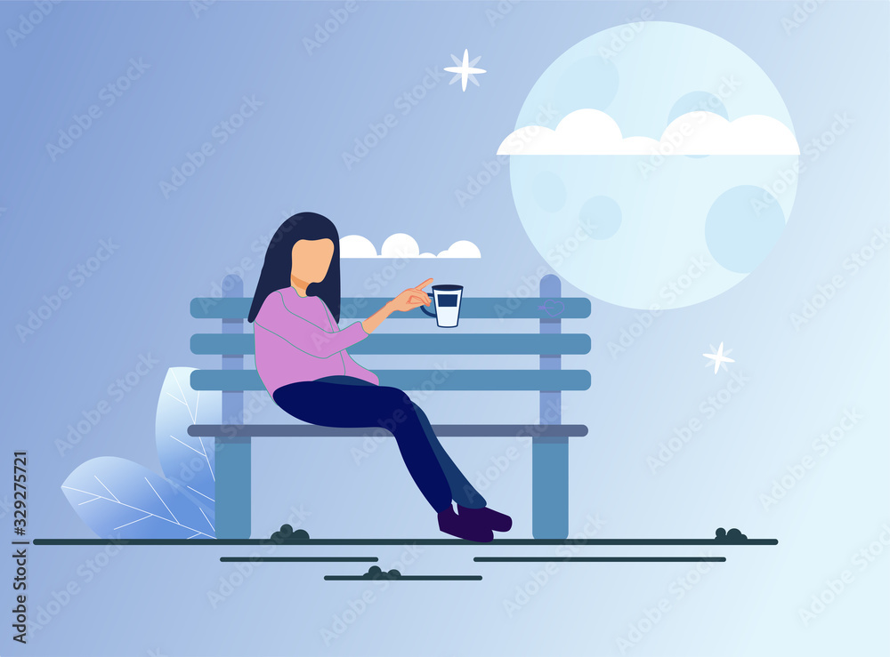 Faceless Cartoon Woman Character Sitting on Bench and Drinking Coffee ...