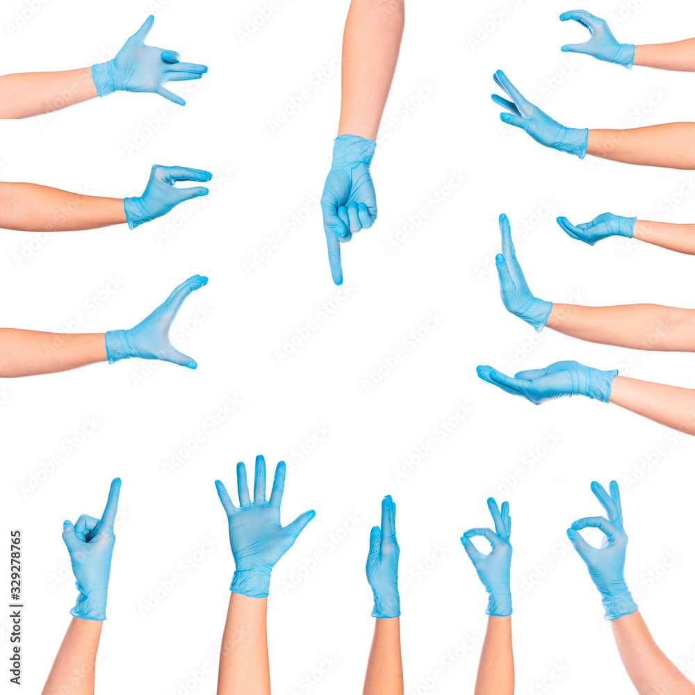 set of female doctor`s hands in blue glove isolated on white background ...