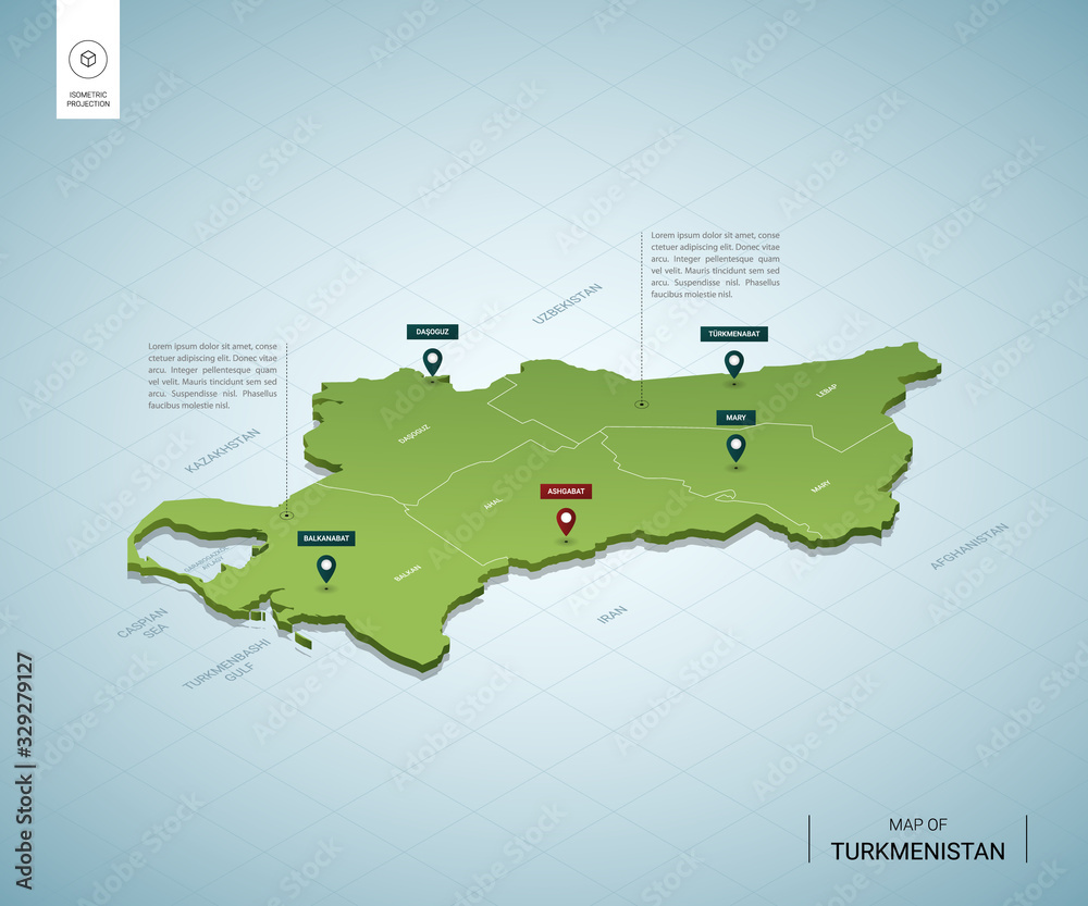Stylized map of Turkmenistan. Isometric 3D green map with cities ...