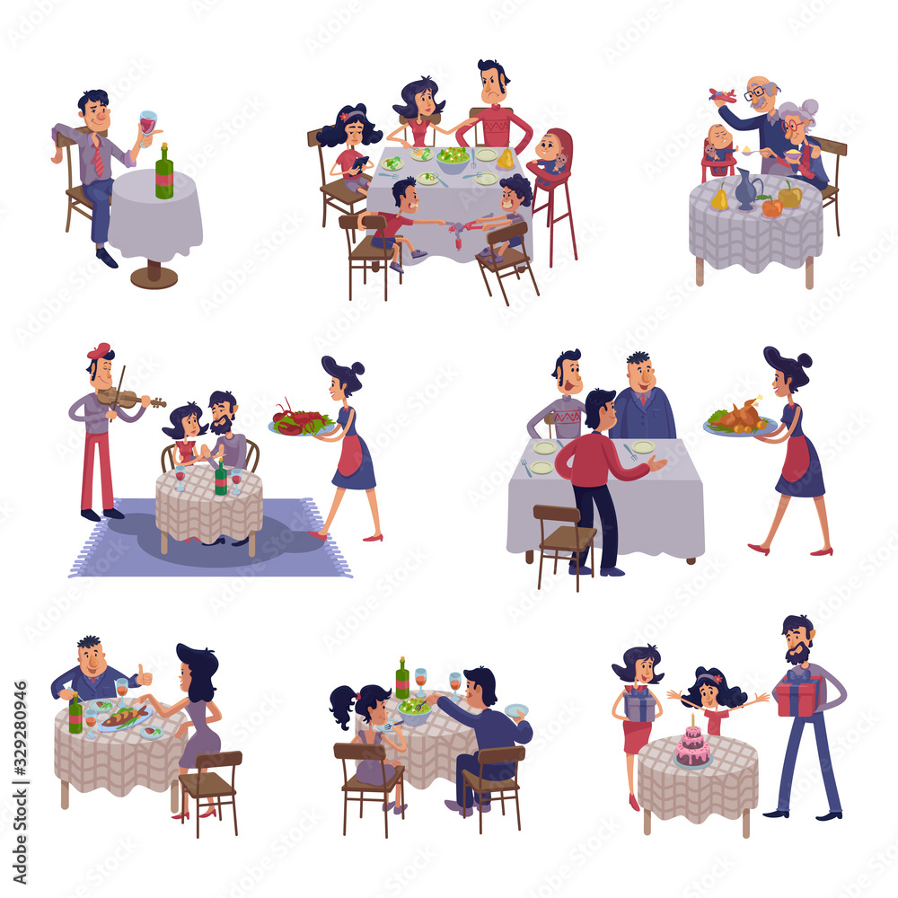 People at table flat cartoon illustrations kit. Men and women having ...
