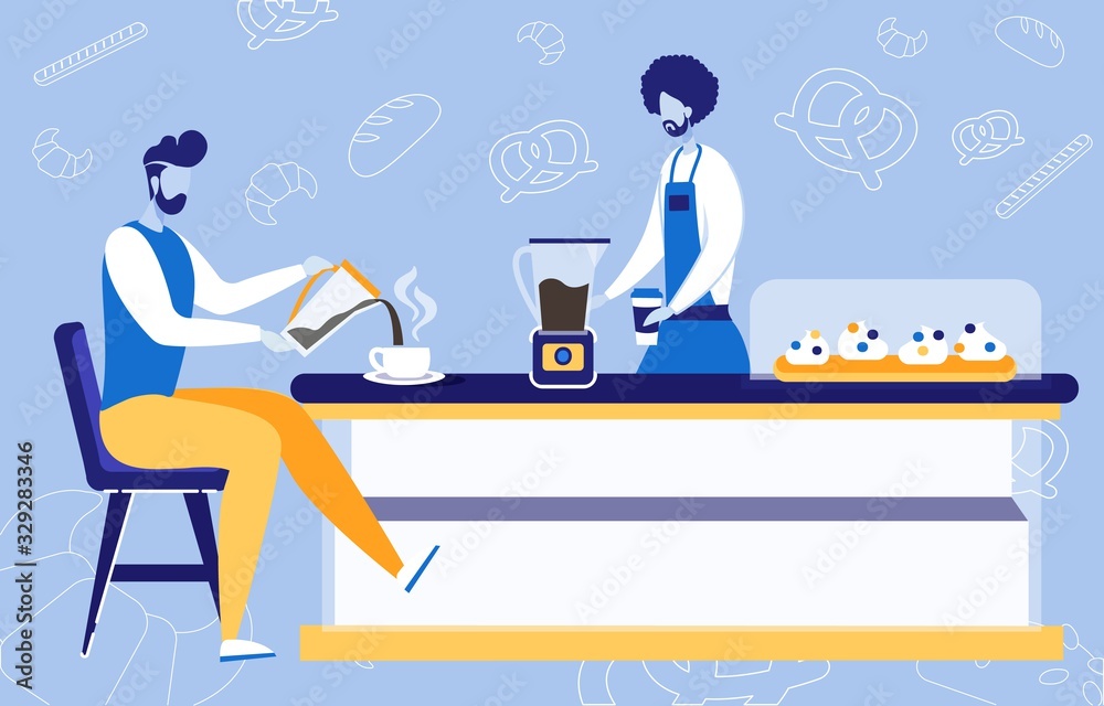 Customer in Coffeehouse Pouring Coffee into Cup Flat Cartoon Vector ...