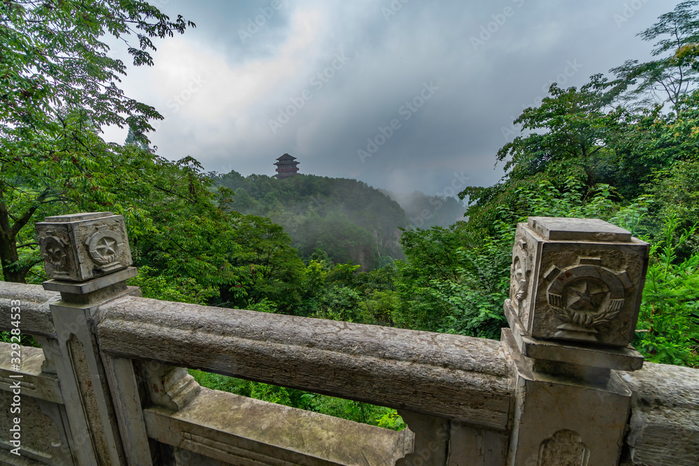 Views from a terrace to the peak of Tianzi Mountain peak with Tea Board ...