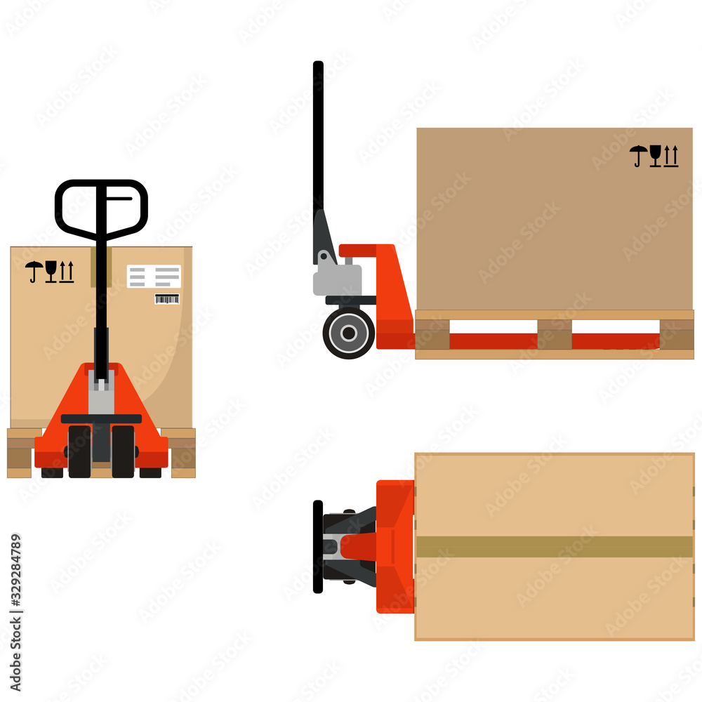 Hand pallet truck with a cardboard box, flat design. Top view, front ...