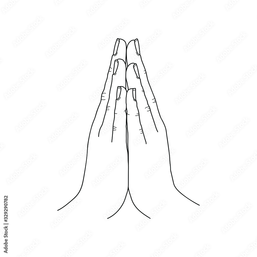 Mudra. Hand greeting posture of namaste linear illustration. Thin line ...