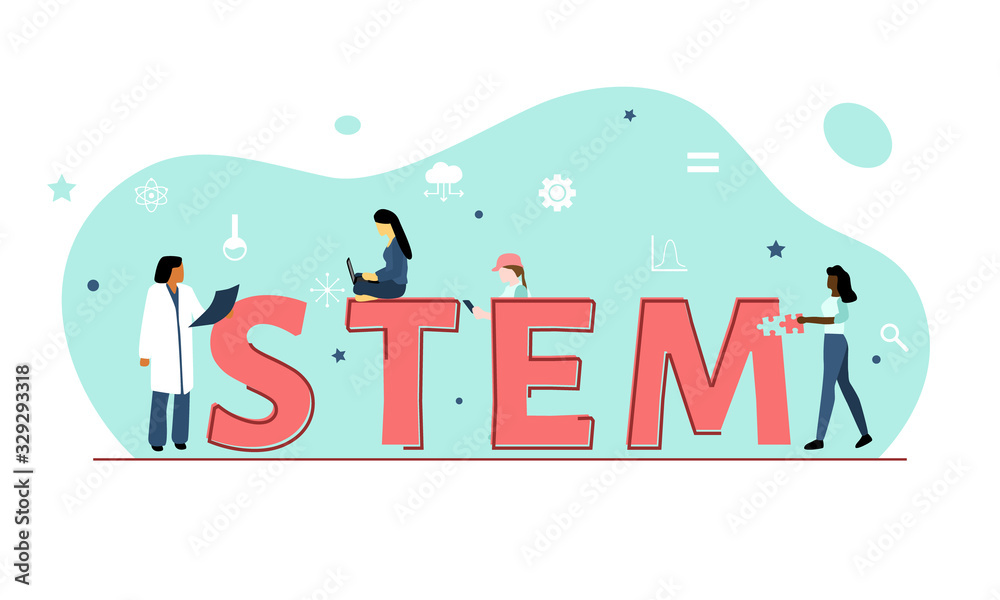 Vector illustration showing girls or women in STEM (Science, Technology ...