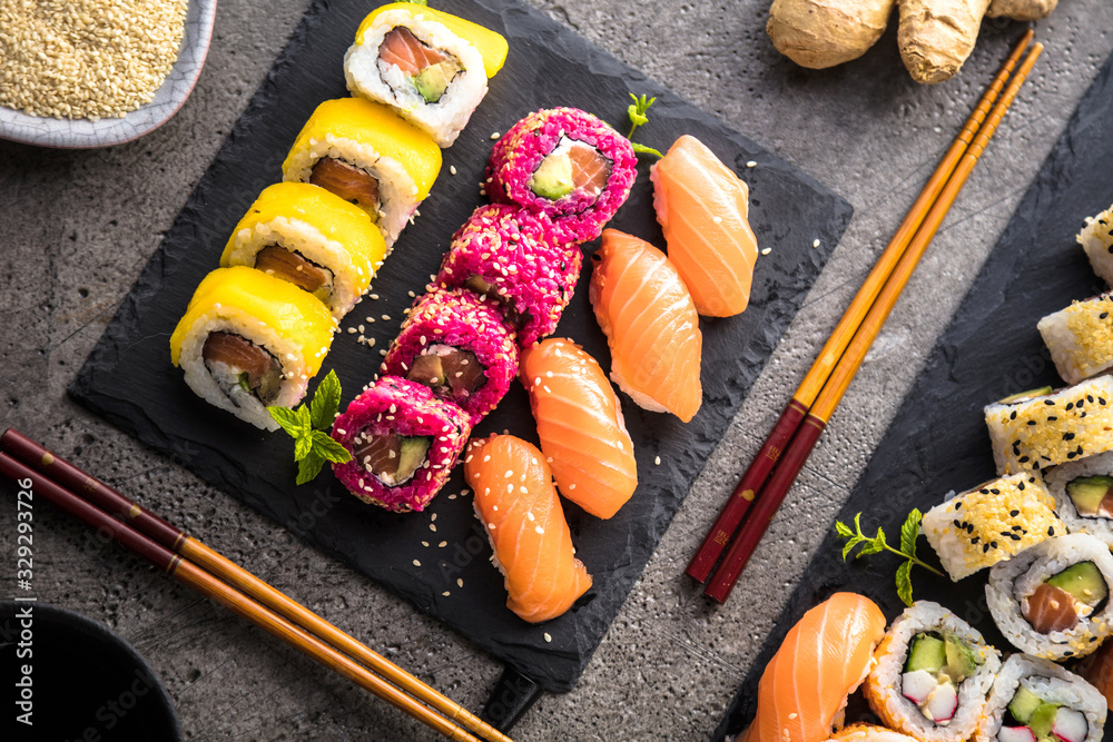 apanese sushi food. Maki ands rolls with tuna, salmon, shrimp, crab and ...