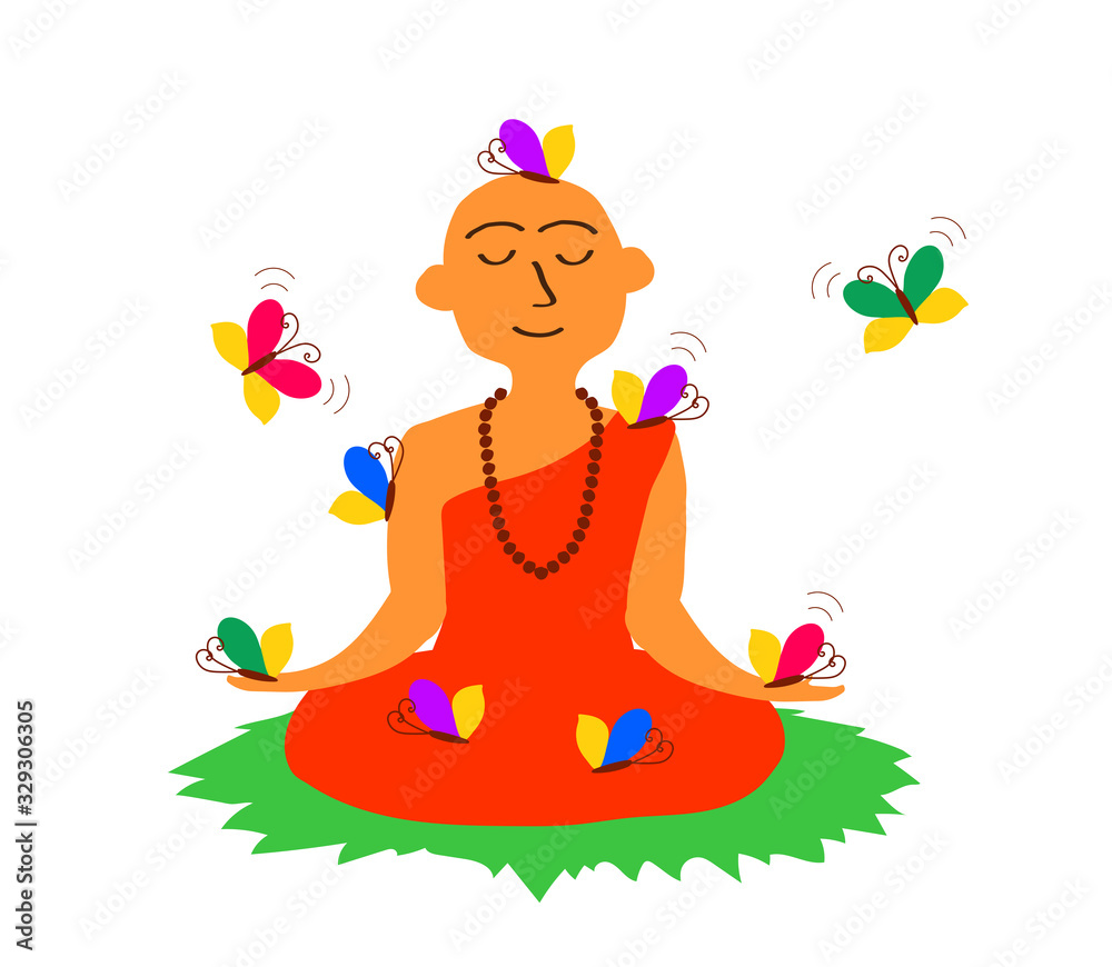 Buddhist monk in lotus and butterfly pose. Cartoon. Vector illustration ...