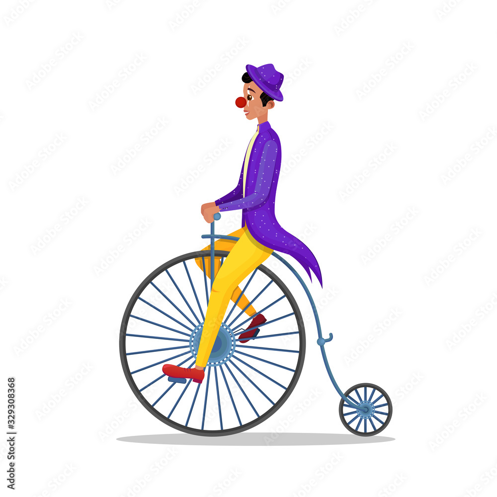 Man Wearing Clown Costume With Red Nose Riding Penny Farthing Retro