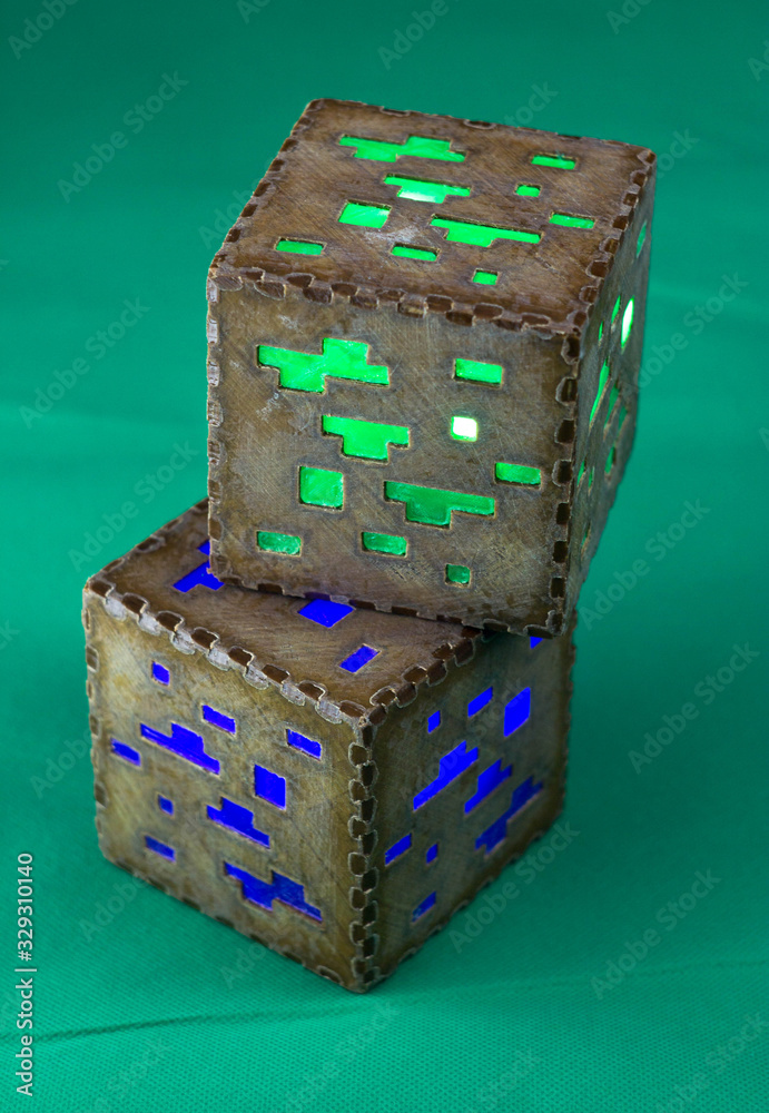 Minecraft cubes made of plastic. Two brown minecraft cubes with glowing ...