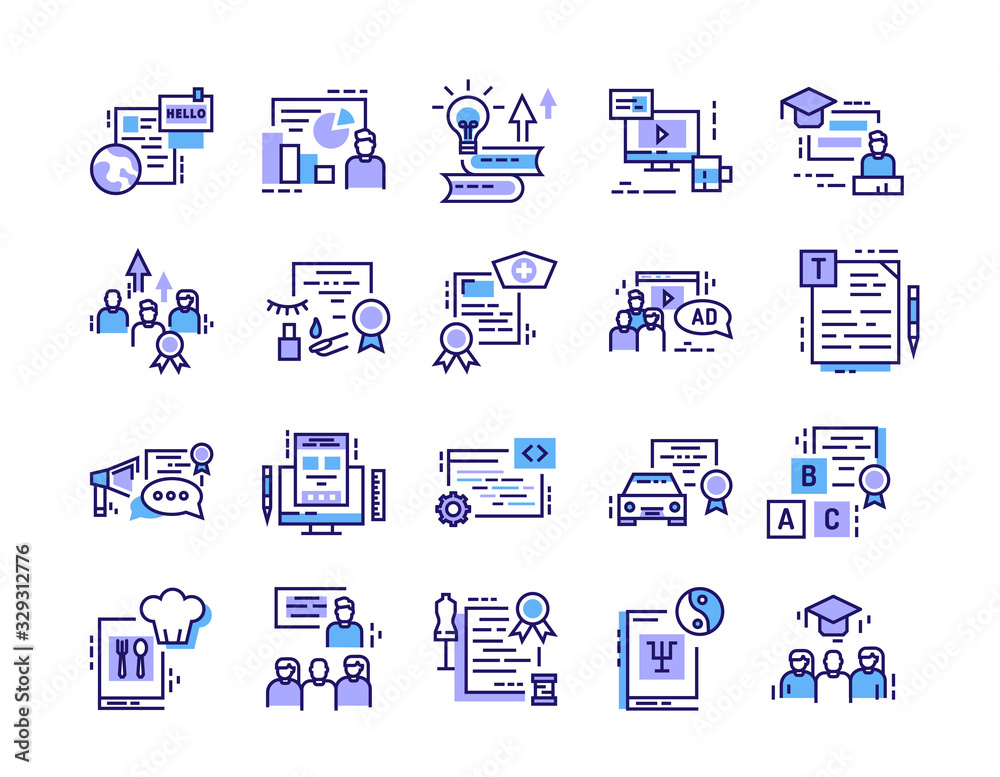 Courses training color line icons set. Investing in yourself. People ...